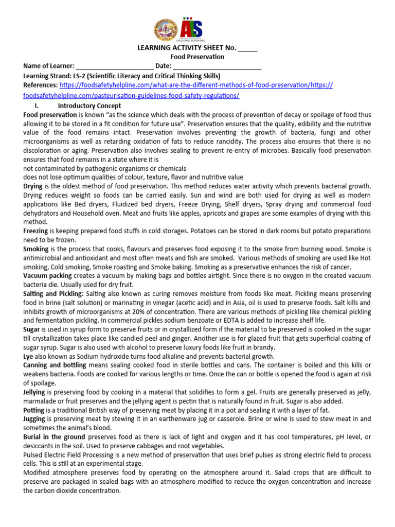 AS Food Preservation | PDF | Food Preservation | Preservation Methods