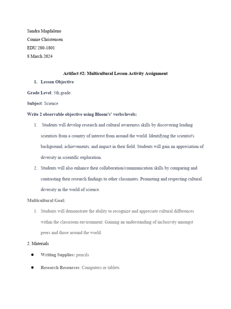 Multicultural Science Lesson Plan for 5th Grade | PDF | Lesson Plan ...