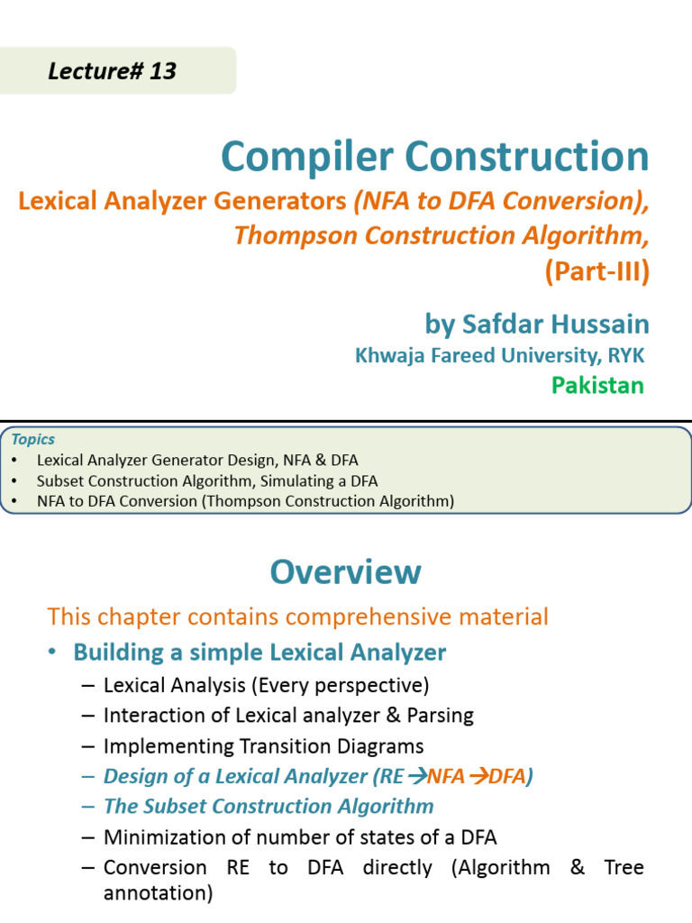 Lecture#13, Chap#3 (Lexical Analyzer Generator (Part-III), NFA To DFA Conversion) | PDF ...