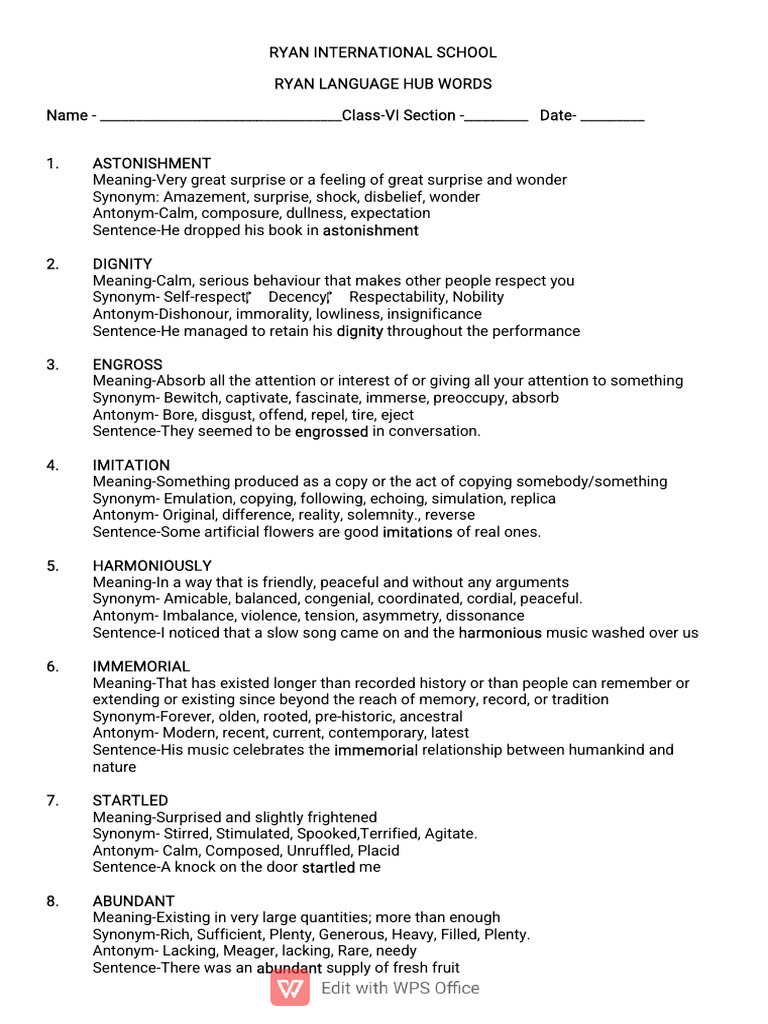 Class-VI RYAN LANGUAGE HUB- (Worksheet) | PDF