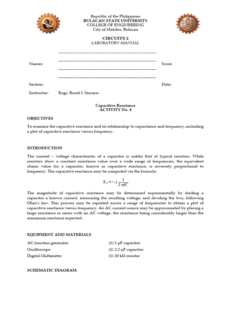 ECE 206L Activity 4 Capacitive Reactance | PDF | Capacitor | Electrical Resistance And Conductance