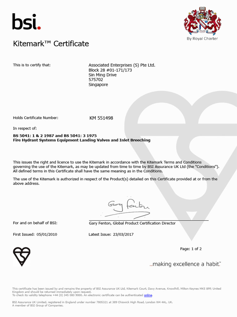 BSI Kitemark License No. KM 551498 Hydrant Valves Breeching Inlets ...