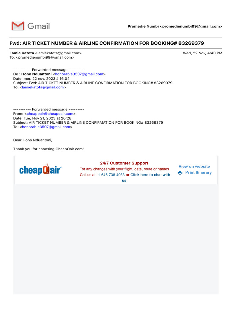 FWD: AIR TICKET NUMBER & AIRLINE CONFIRMATION FOR BOOKING# 83269379 ...