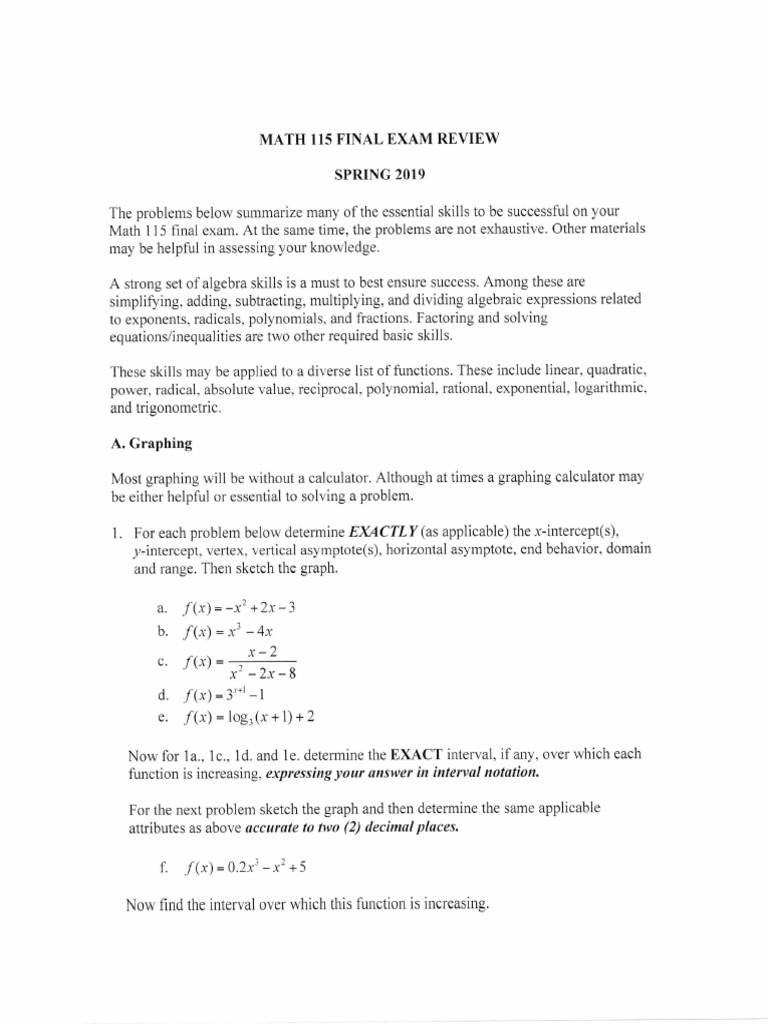 Math 115 Final Exam Review Exercises Spring 2019 | PDF