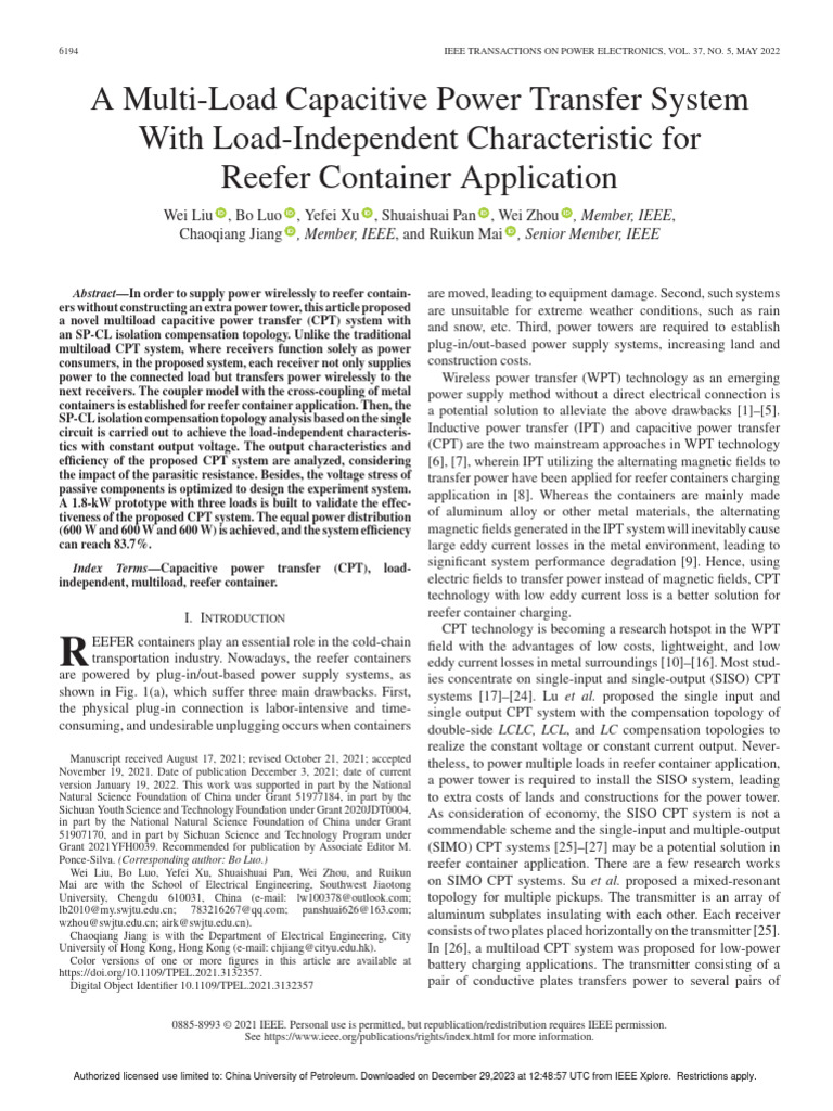 A Multi-Load Capacitive Power Transfer System With Load-Independent Characteristic For Reefer ...