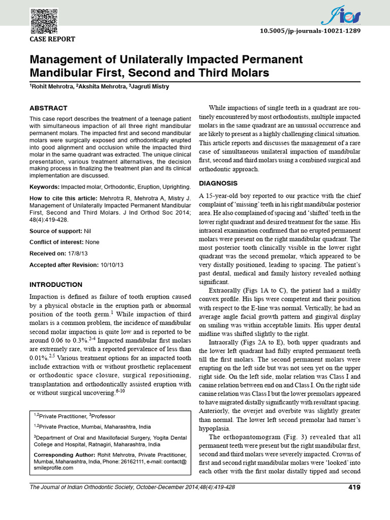 Mehrotra Et Al 2014 Management of Unilaterally Impacted Permanent ...