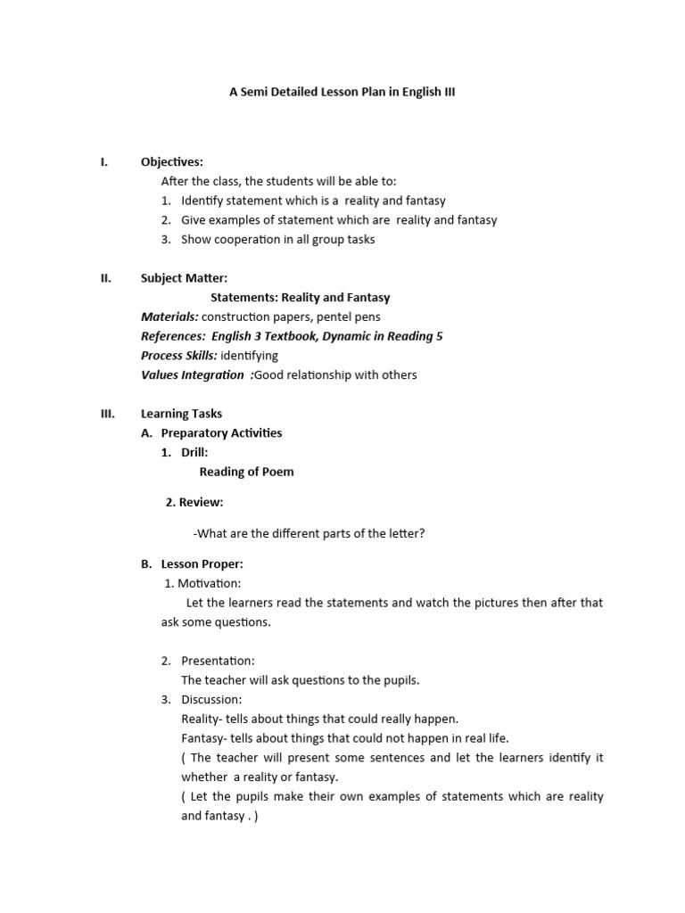 Semi Detailed Lesson Plan: Reality vs. Fantasy | PDF | Lesson Plan ...