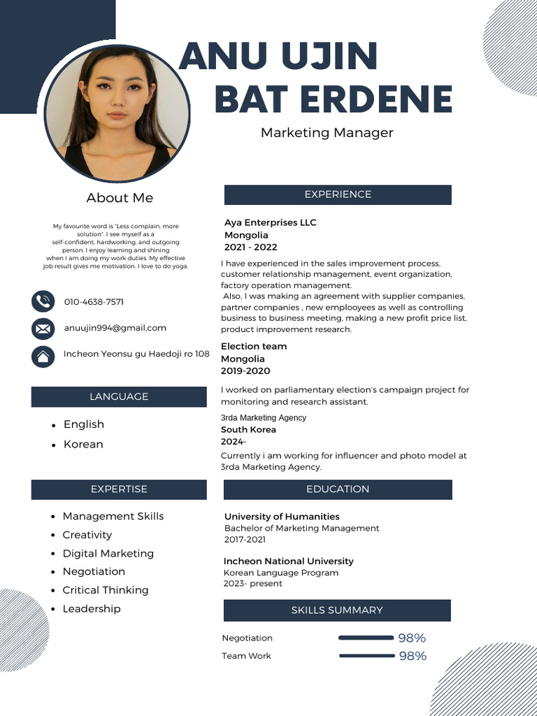 Anu Ujin Bat Erdene CV Resume PDF | PDF | Business | Financial Economics