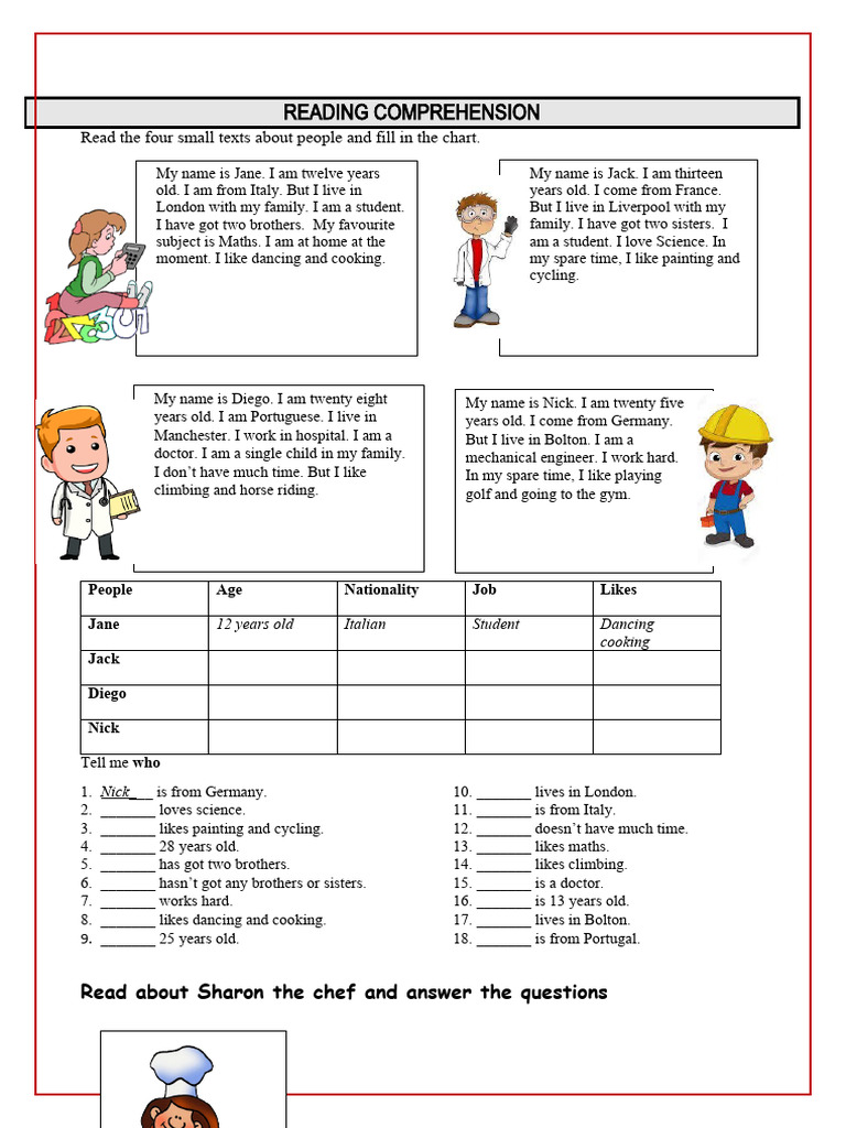 self-introduction - Reading Comprehension - beginner | PDF | Lunch ...
