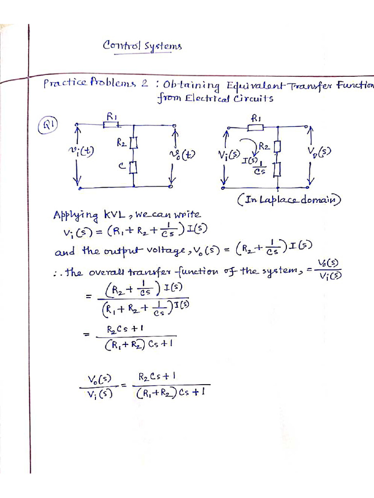 Complete Solution - Obtaining Equivalent Transfer Function of Electrical Circuits | PDF
