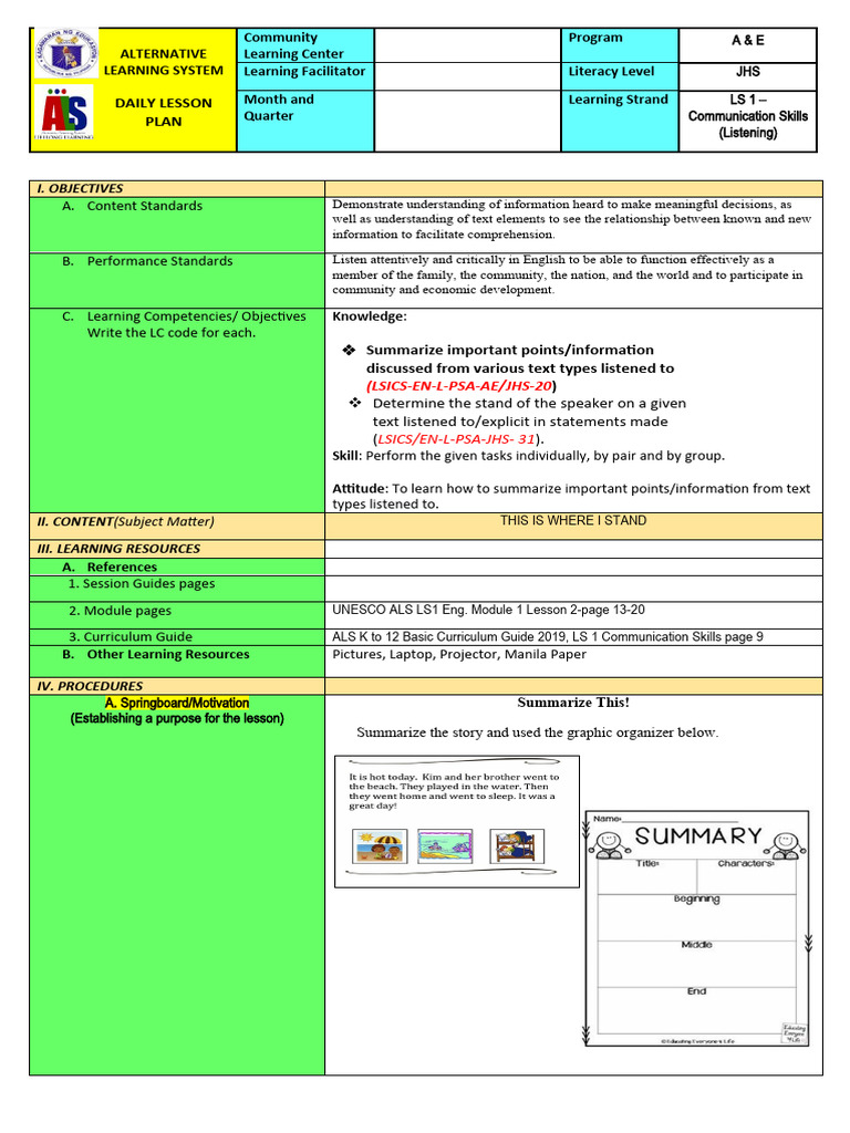 LS1 Eng. DLP-JHS (Summarizing) | PDF | Learning | Behavior Modification