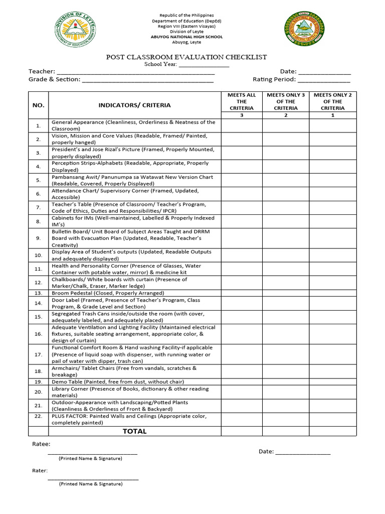 Post Classroom Evaluation Checklist Criteria for Sy 2023 2024 | PDF