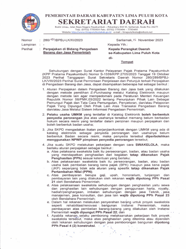 Surat Sekda Ke SKPD Perihal Perpajakan Di PBJ | PDF