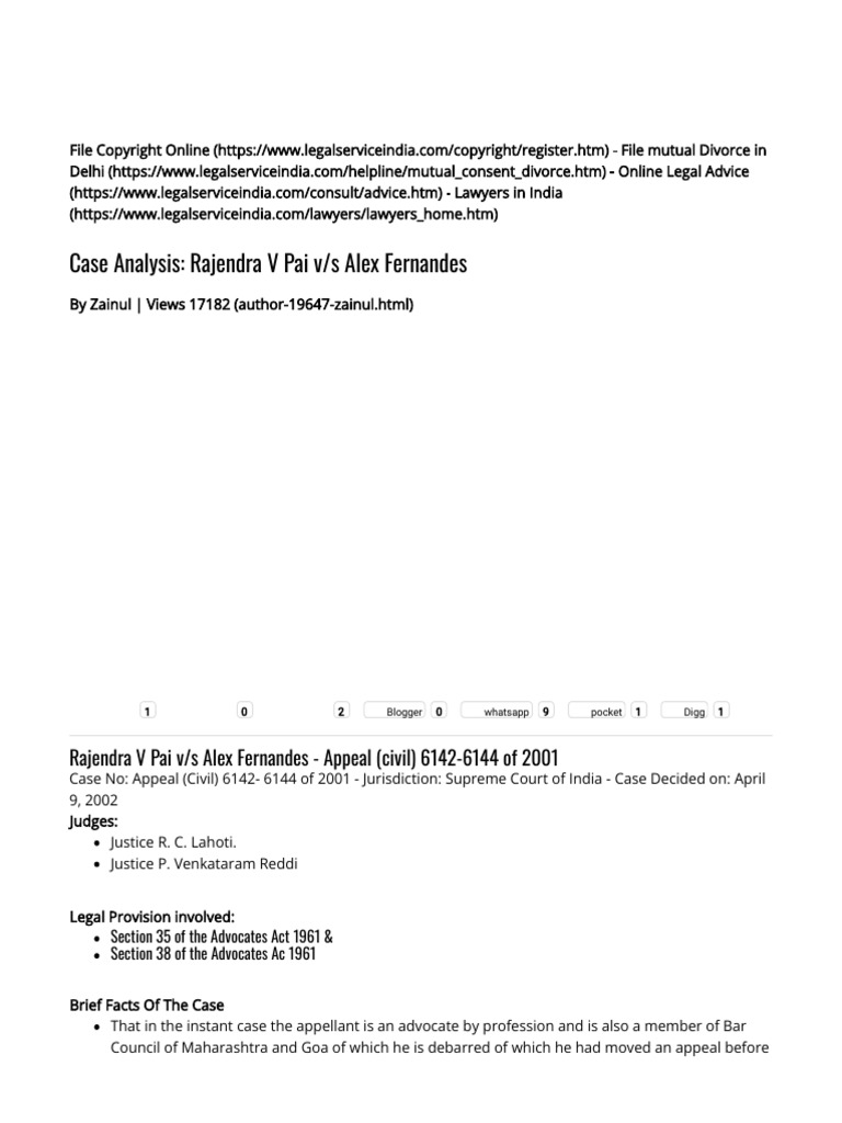 Case Analysis - Rajendra V Pai V - S Alex Fernandes | PDF