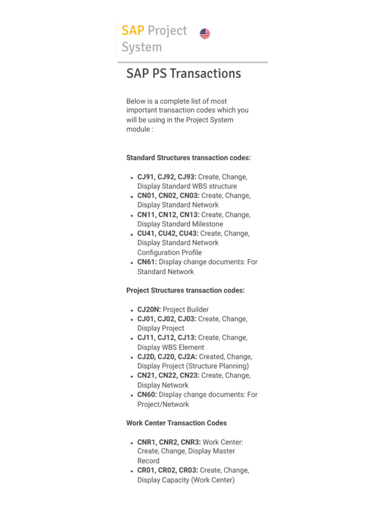SAP PS Transactions Code | PDF