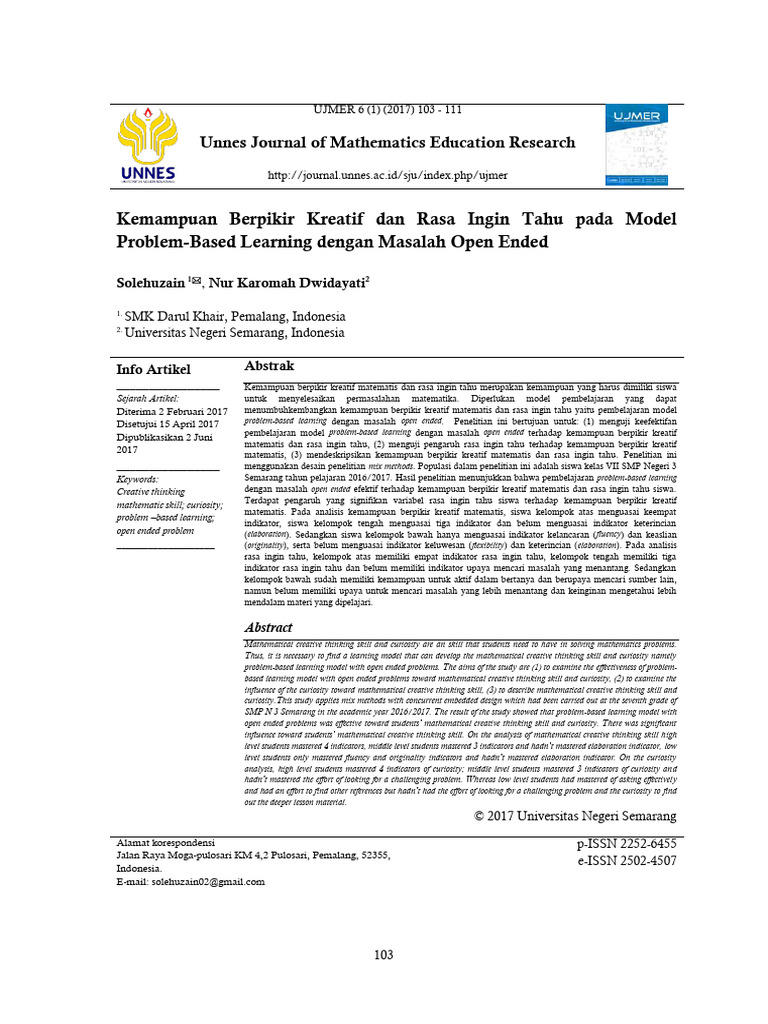 Kemampuan Berpikir Kreatif Dan Rasa Ingin Tahu Pada Model Problem Based Learning Dengan Masalah ...