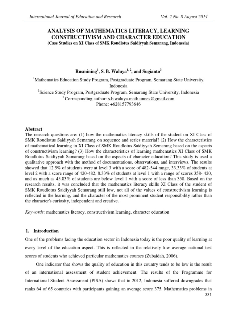 Analysis of Mathematics Literacy, Learning Constructivism and Character ...