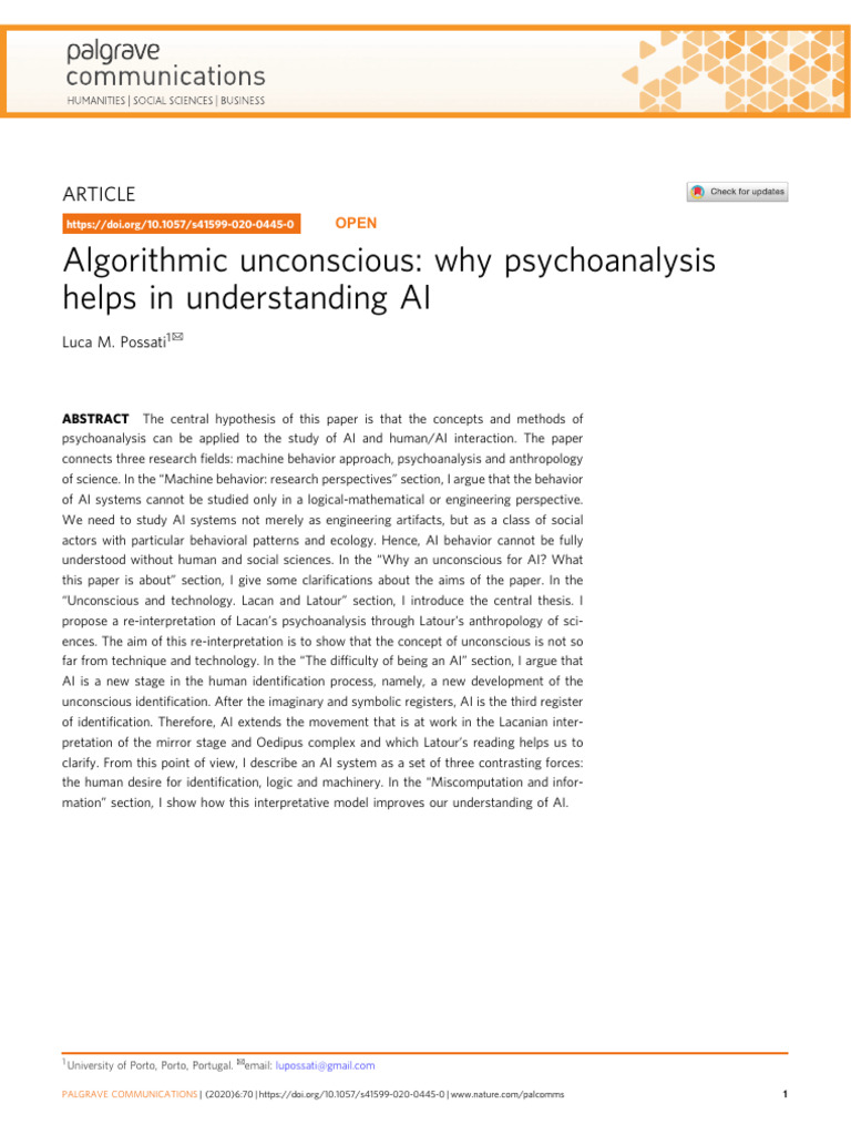Algorithmic Unconscious Why Psychoanalysis Helps in Understanding AI | Download Free PDF ...