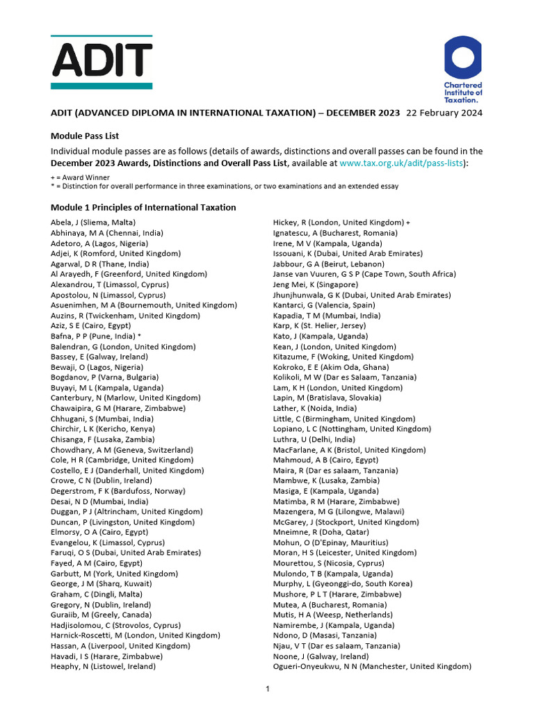 ADIT Module Pass List (December 2023) | PDF | Taxes | Government