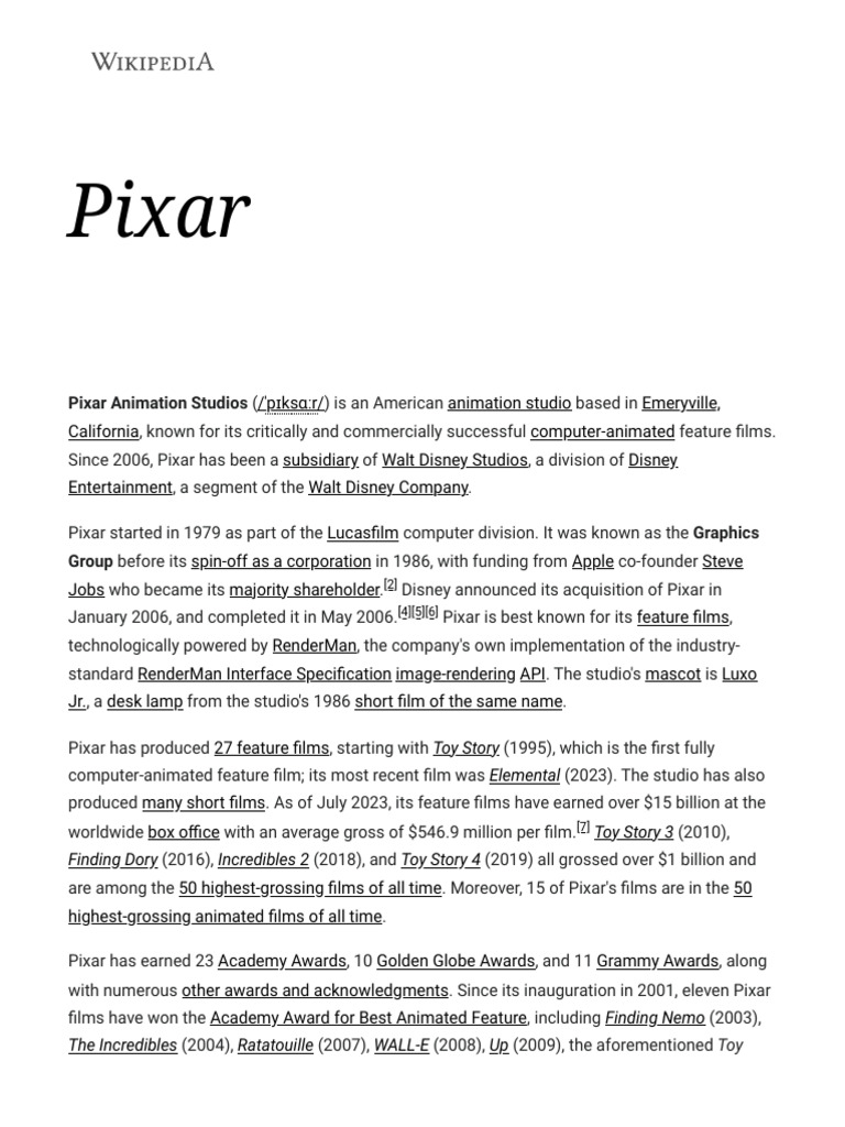 Pixar - Wikipedia | PDF | Pixar | The Walt Disney Company