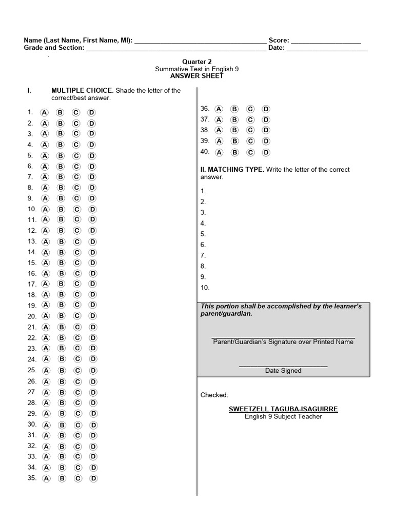 Q2 Answer Sheet For Shading Summative Test | PDF