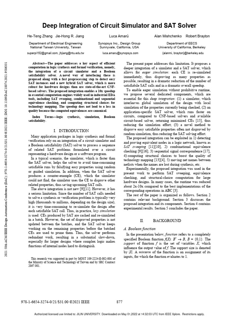 Deep Integration of Circuit Simulator and SAT Solver | PDF | Logic | Computing