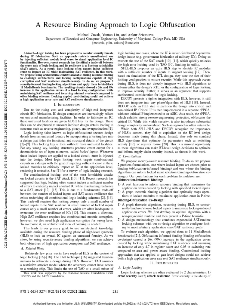 A Resource Binding Approach To Logic Obfuscation | PDF