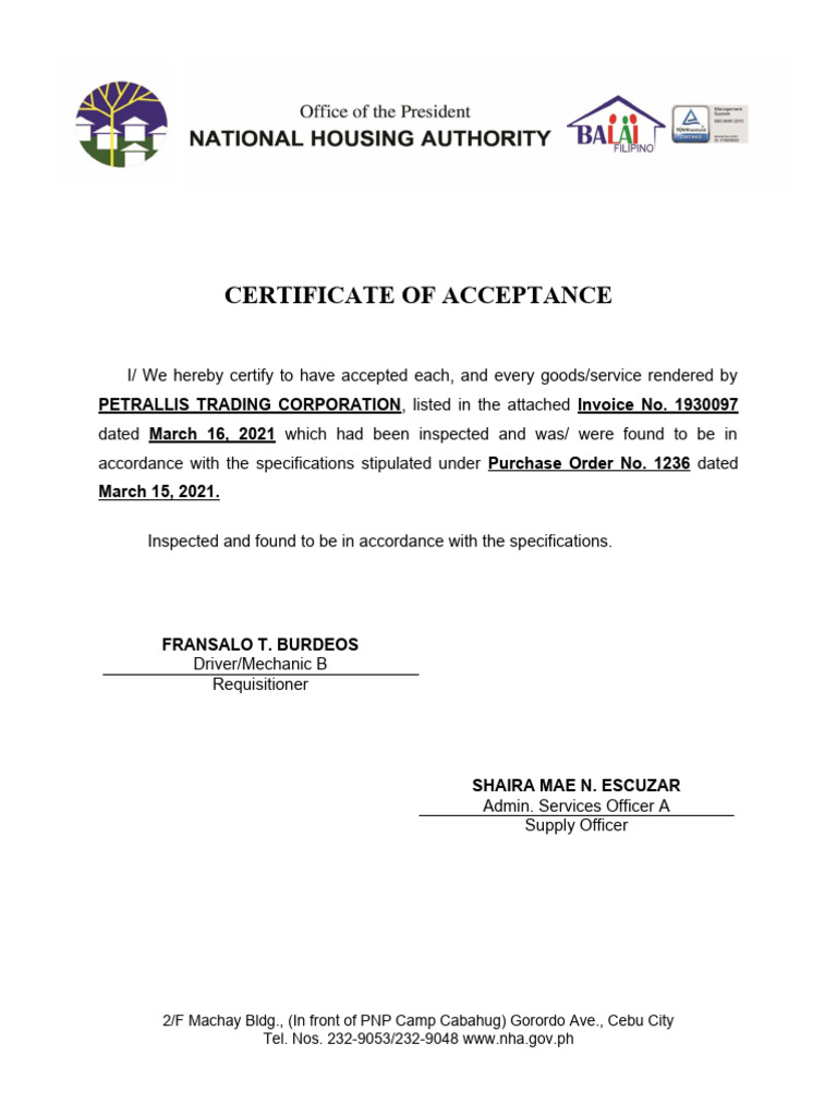 2021-Certificate of Acceptance | PDF