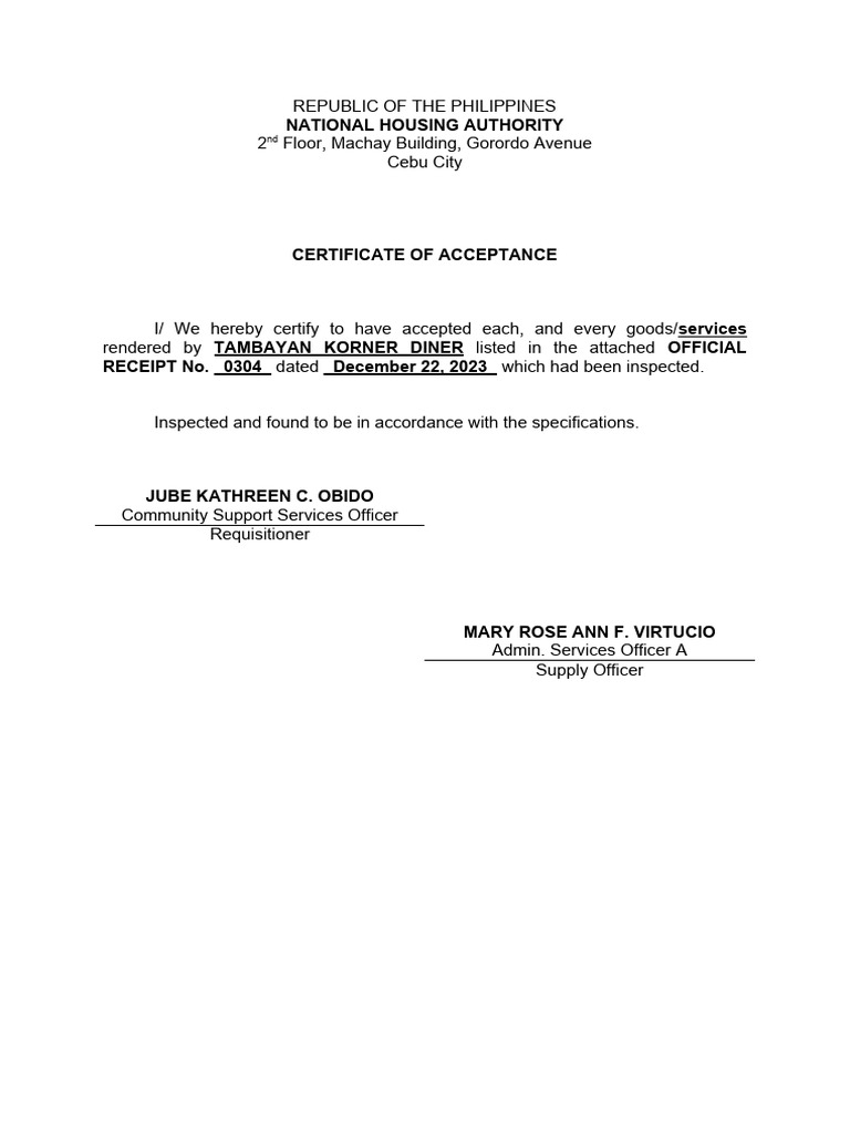 2022 Certification of Acceptance Drafts 1st QRT 2023 | PDF