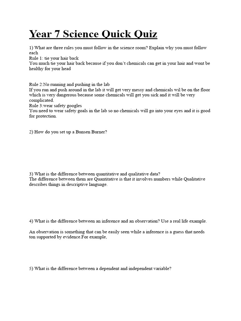 Year 7 Science Quick Quiz | PDF