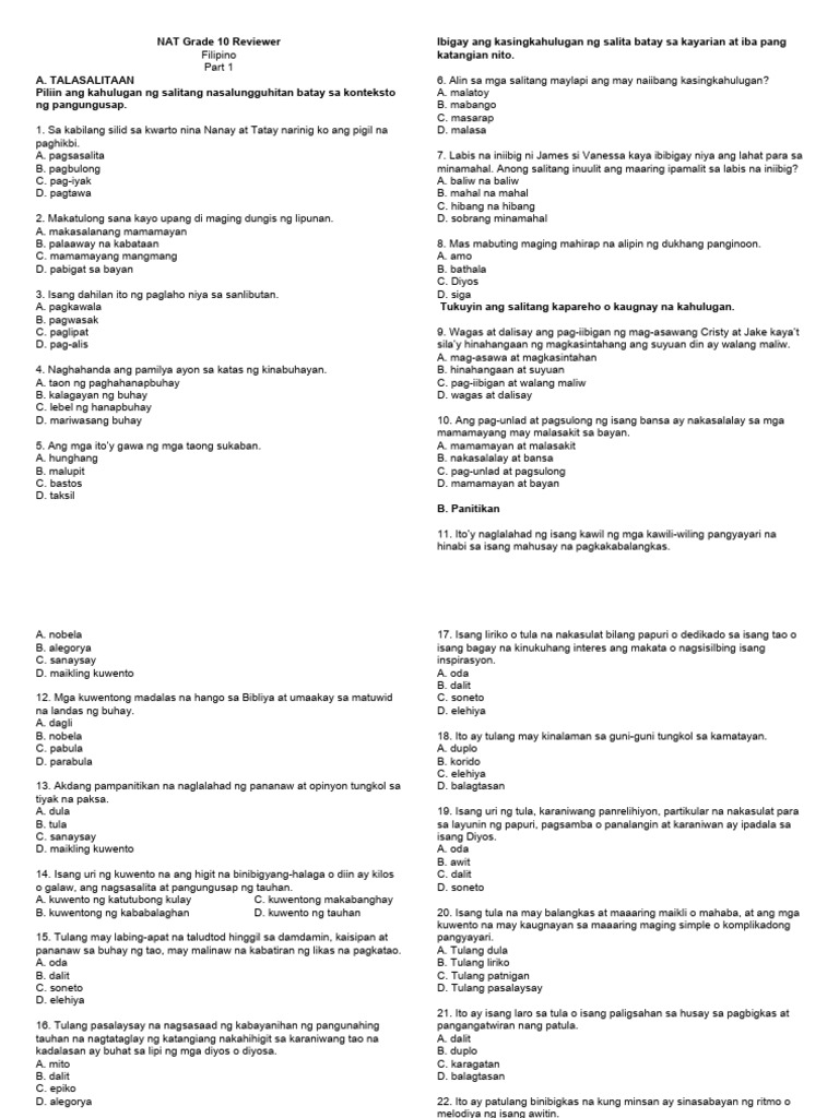 NAT Grade 10 Reviewer | PDF