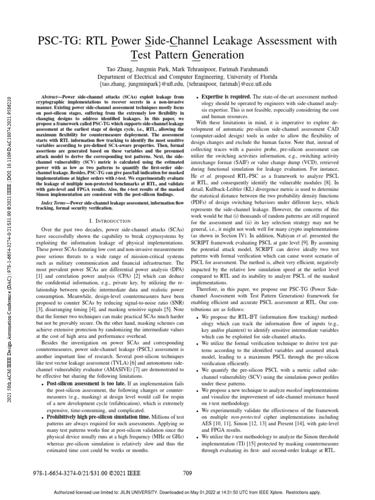 PSC-TG RTL Power Side-Channel Leakage Assessment With Test Pattern ...