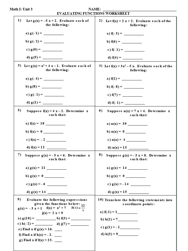 3a Evaluating Functions Worksheet Pdf 