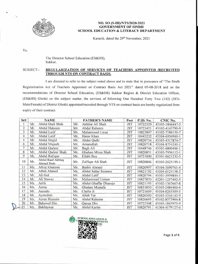 Regularization Through NTS On Contract Basis (142 JSTs MaleFemale ...