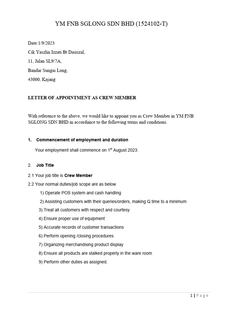 Crew Member Appointment Letter | PDF | Business Law | Civil Law (Legal ...