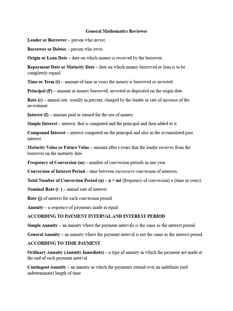 General Mathematics Reviewer | PDF | Interest | Present Value