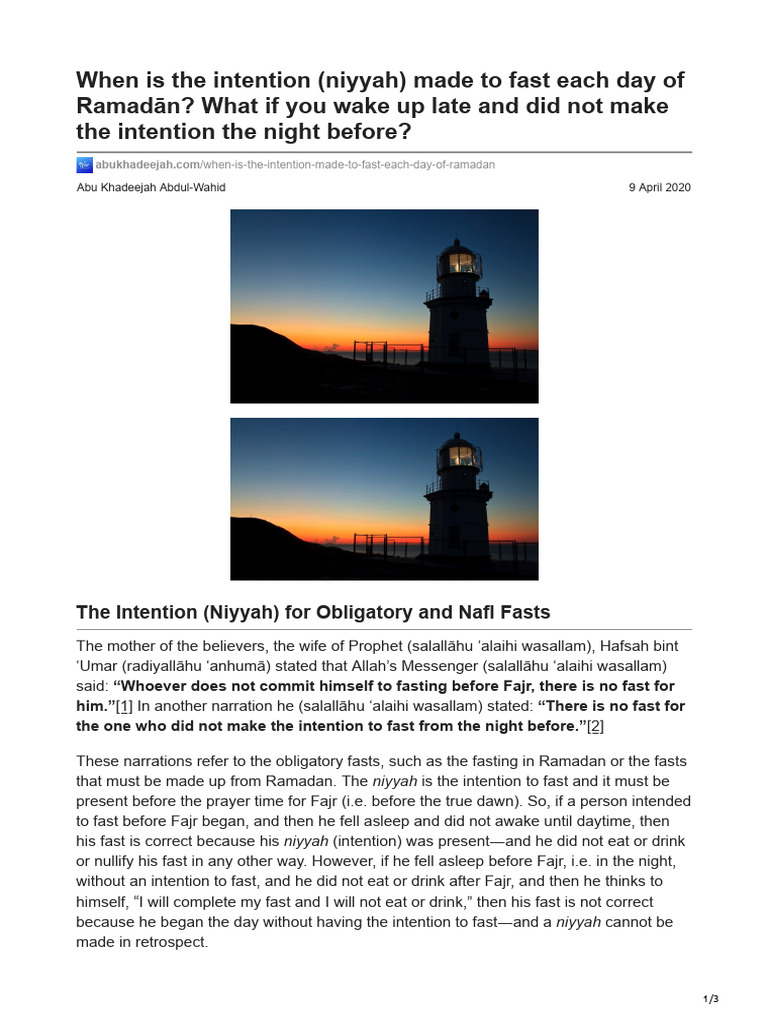 When Is The Intention Niyyah Made To Fast Each Day of Ramadān What If ...