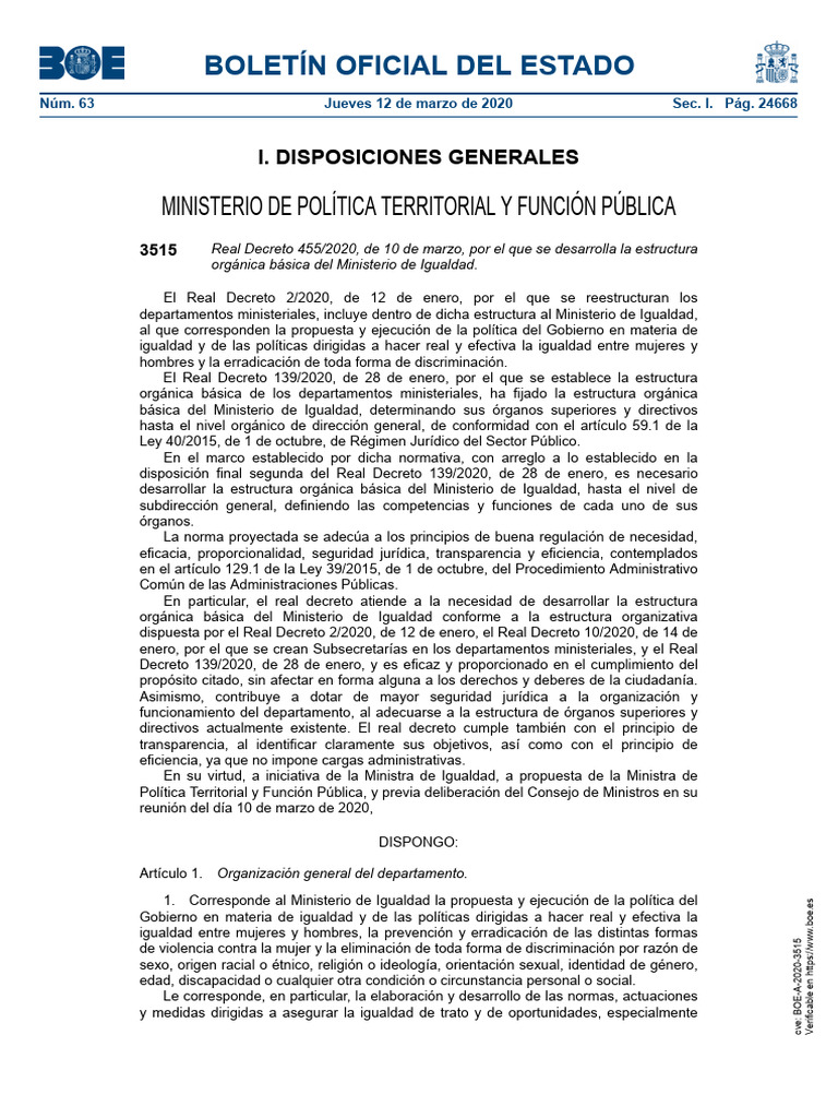 RD Estructura Ministerio de Igualdad - Año 2020 | PDF | Ministerio (Departamento de Gobierno ...