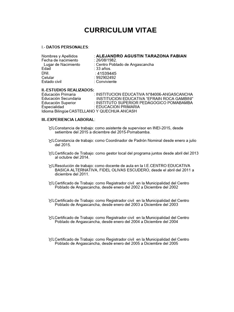 Curriculum Vitae: Alejandro Agustin Tarazona Fabian | PDF