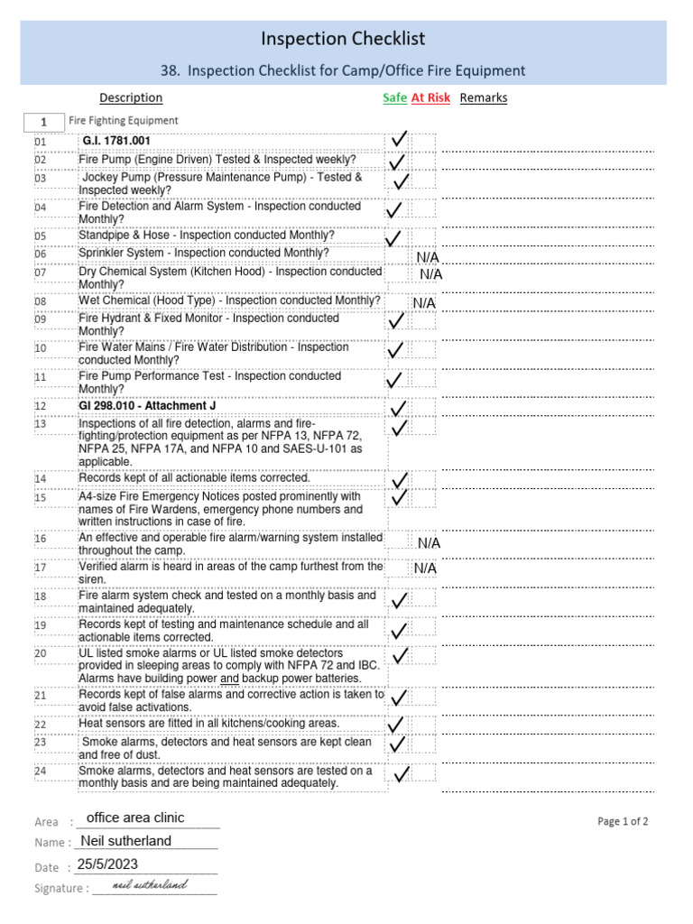 38. Inspection Checklist for Camp Office Fire Equipment | PDF | Safety ...