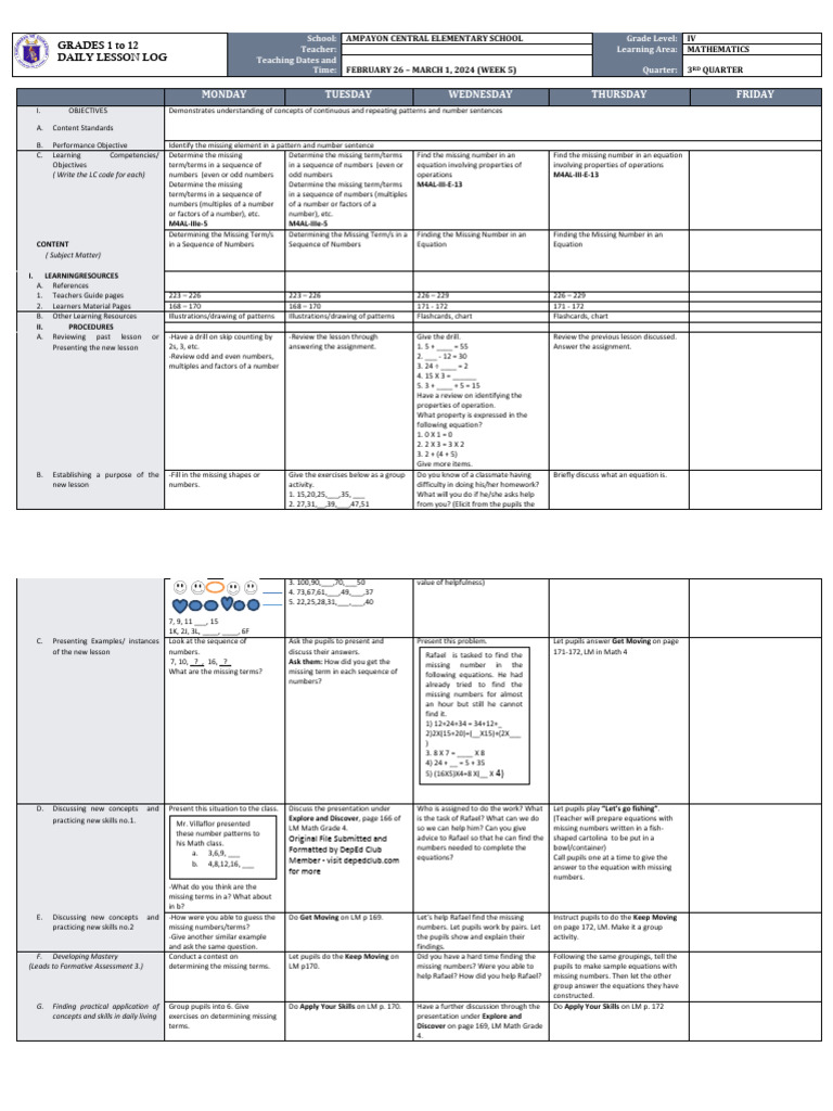 DLL - Mathematics 4 - Q3 - W5 | PDF