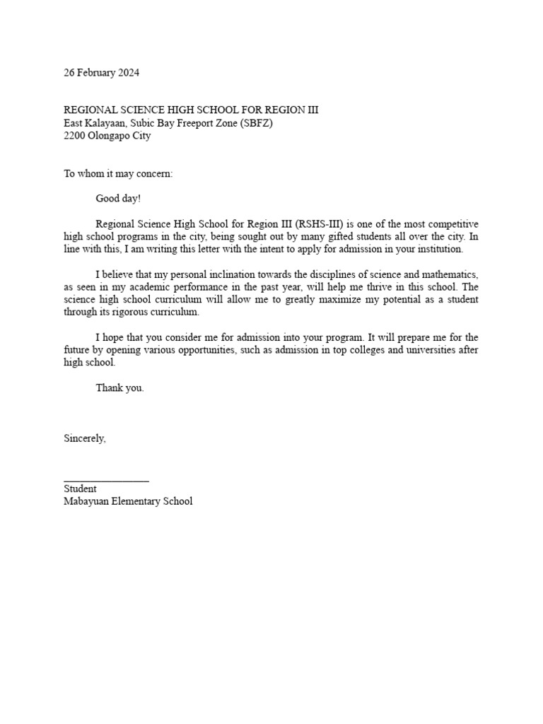 RSHS Iii - Letter of Intent - Template | PDF