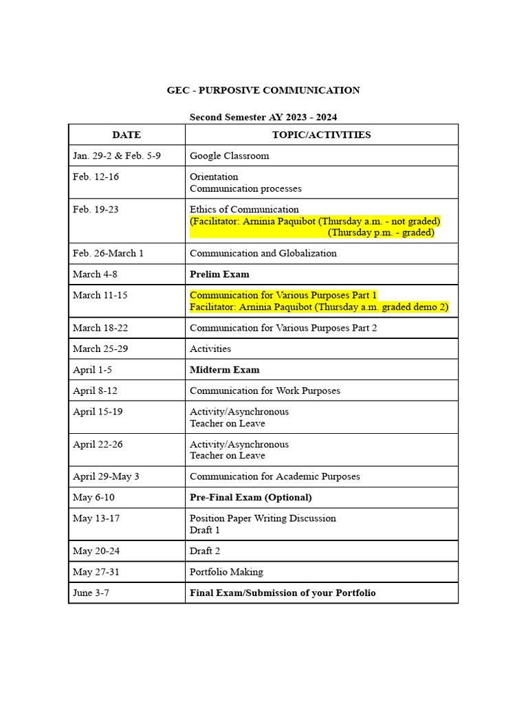 GEC Purposive Communication Schedule 2023 | PDF