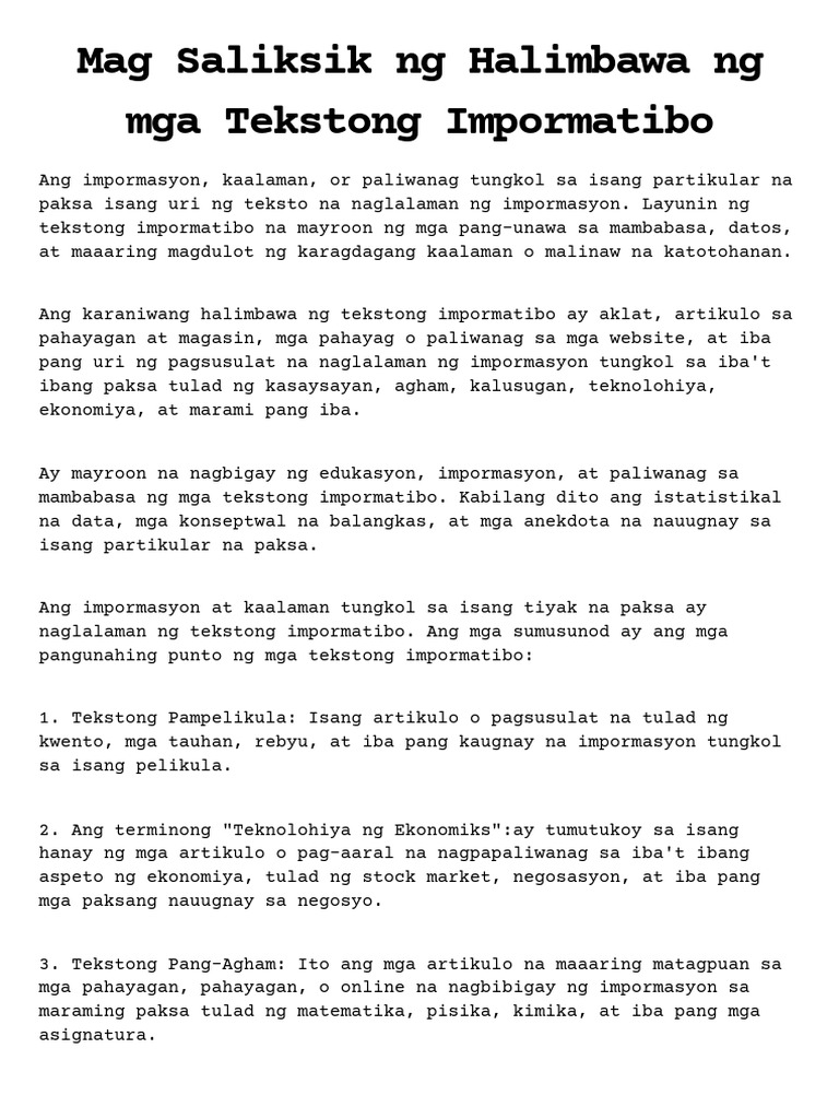 Mag Saliksik Halimbawa NG Mga Tekstong Impormatibo | PDF