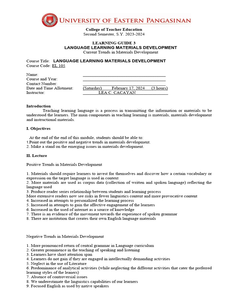 LEARNING GUIDE 3 Current Trends in Materials Development | PDF | Learning | Language Acquisition