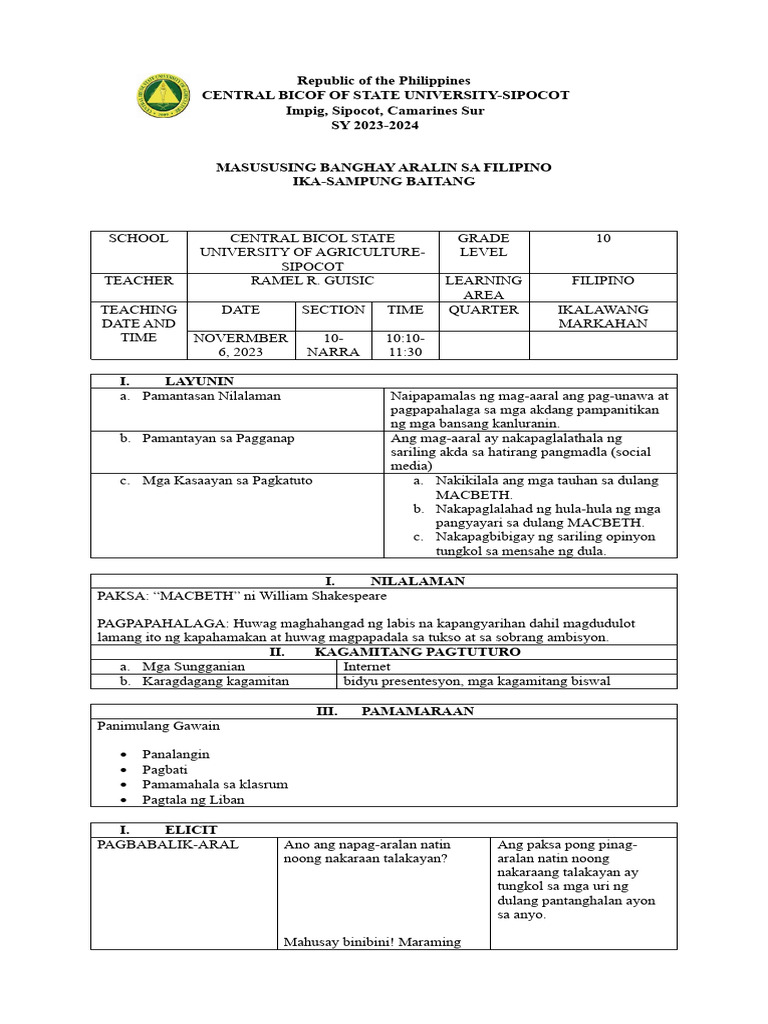 Banghay Aralin Pre - Demo November 6 2023 Grade 10 Narra | PDF