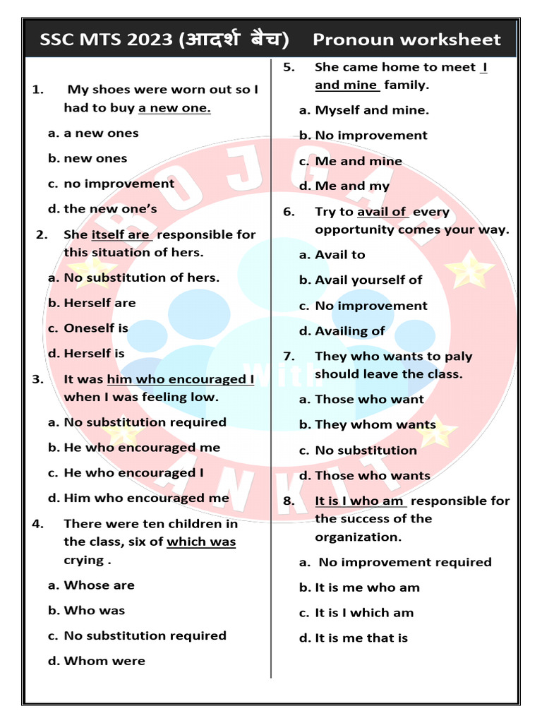 1 Pronoun Worksheet 27 Feb | PDF