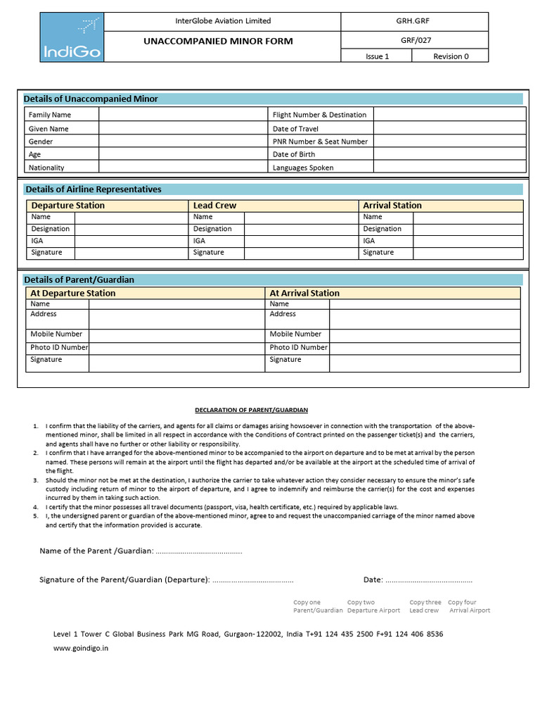 IndiGo Unaccompanied Minor Form | PDF