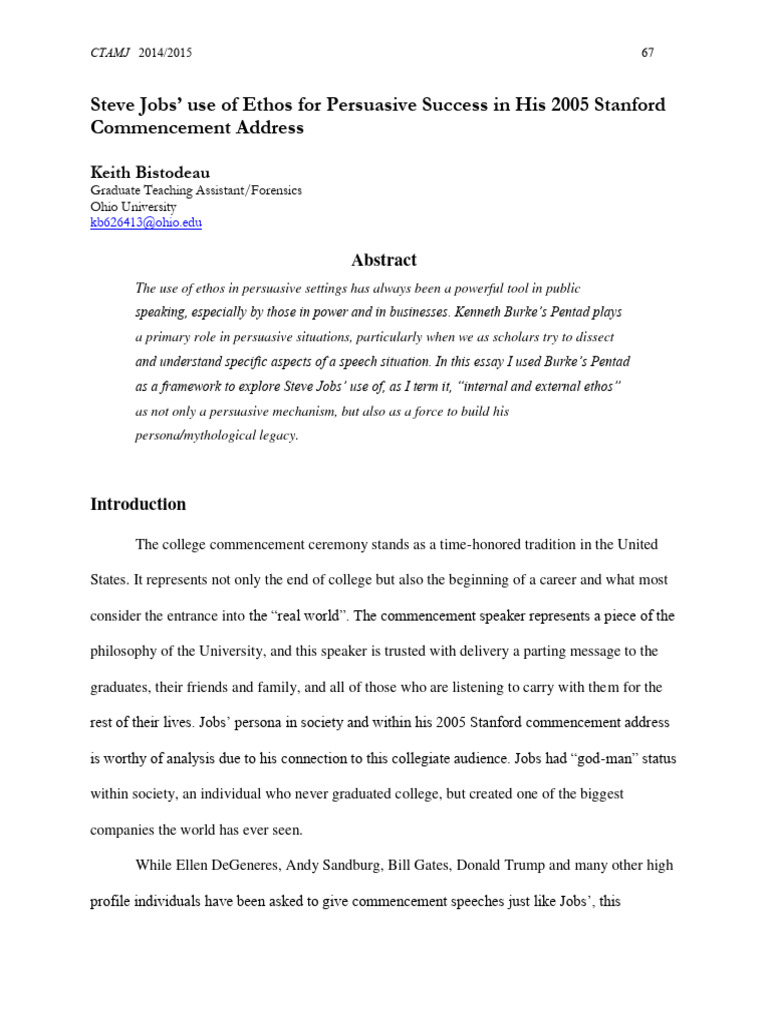 Steve Jobs - Use of Ethos For Persuasive Success in His 2005 Stanf | PDF