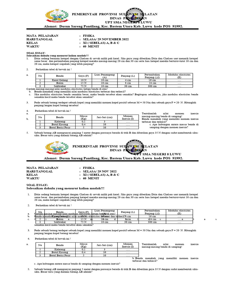 Soal Fisika Kelas Xi Ta 2022-2023 | PDF